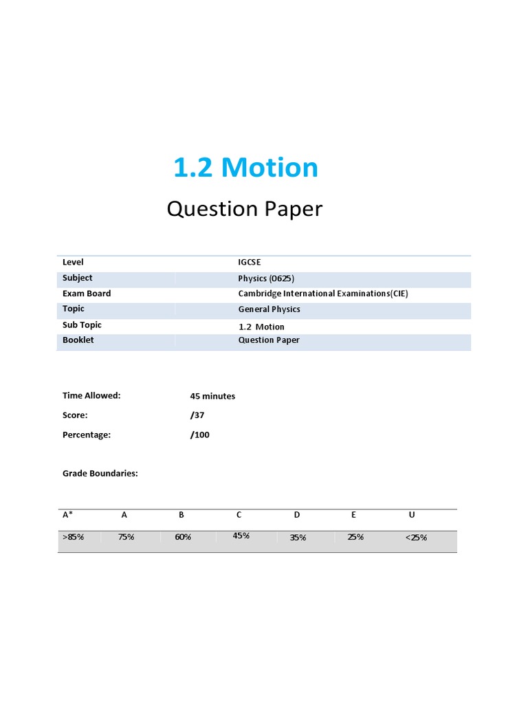 1.2 Motion: Question Paper | PDF | Speed | Acceleration