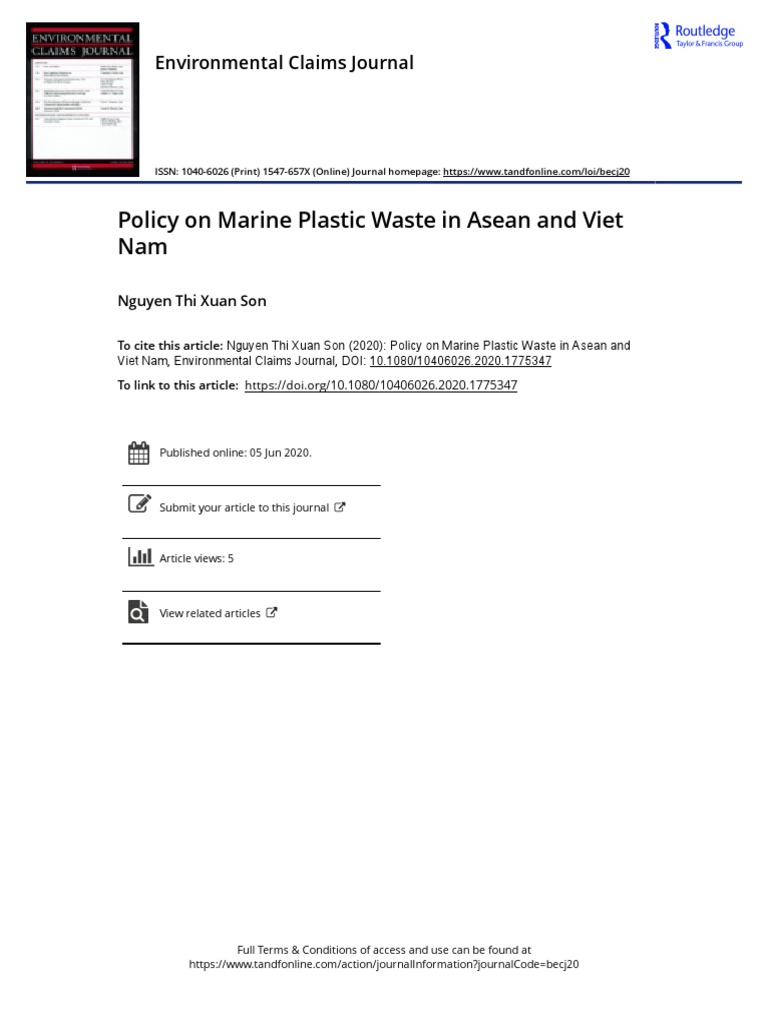 Policy On Marine Plastic Waste in Asean and Viet Nam: Environmental ...