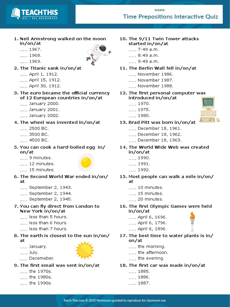 Time Prepositions Interactive Quiz | PDF | Business | Nature