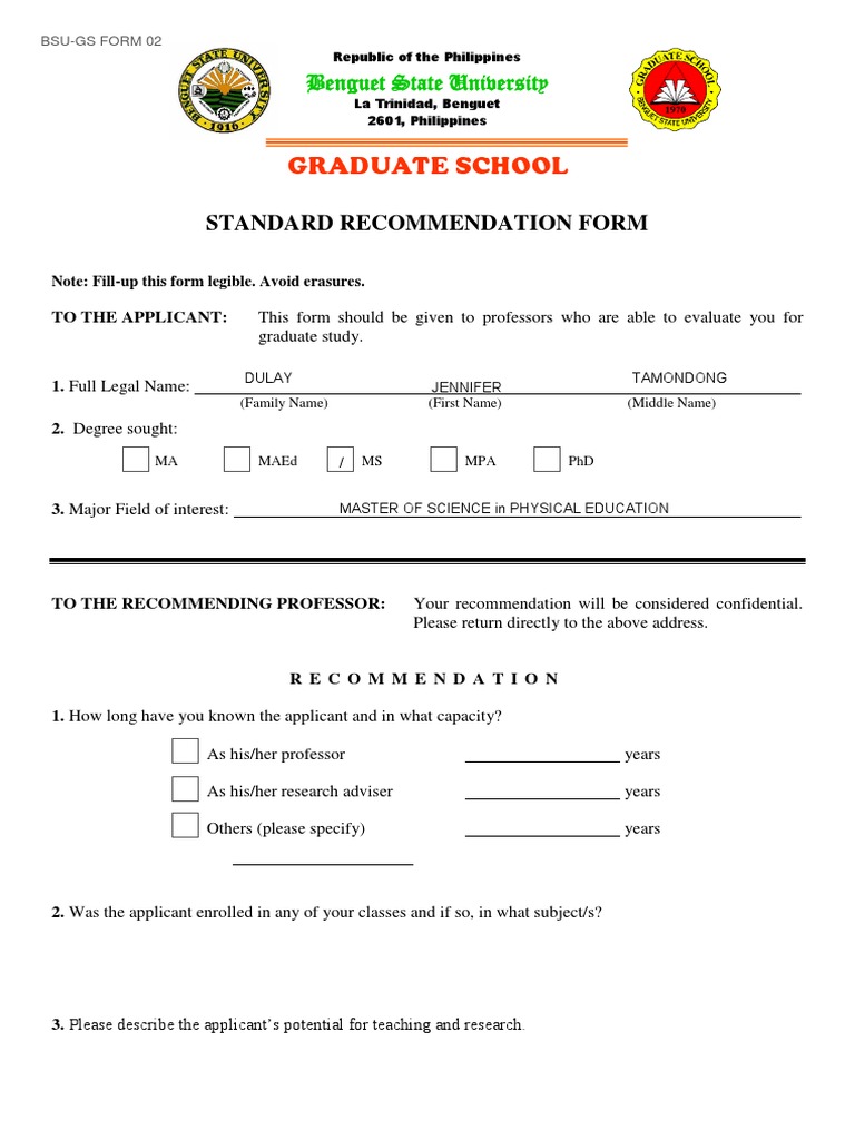 REVISED FORM 2-Standard Recommendation Form | PDF | Graduate School ...