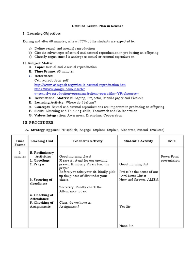 Sexual And Asexual Reproduction Detailed Lesson Plan Pdf Sexual