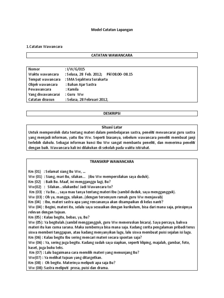 Contoh Catatan Lapangan Penelitian Kualitatif | PDF