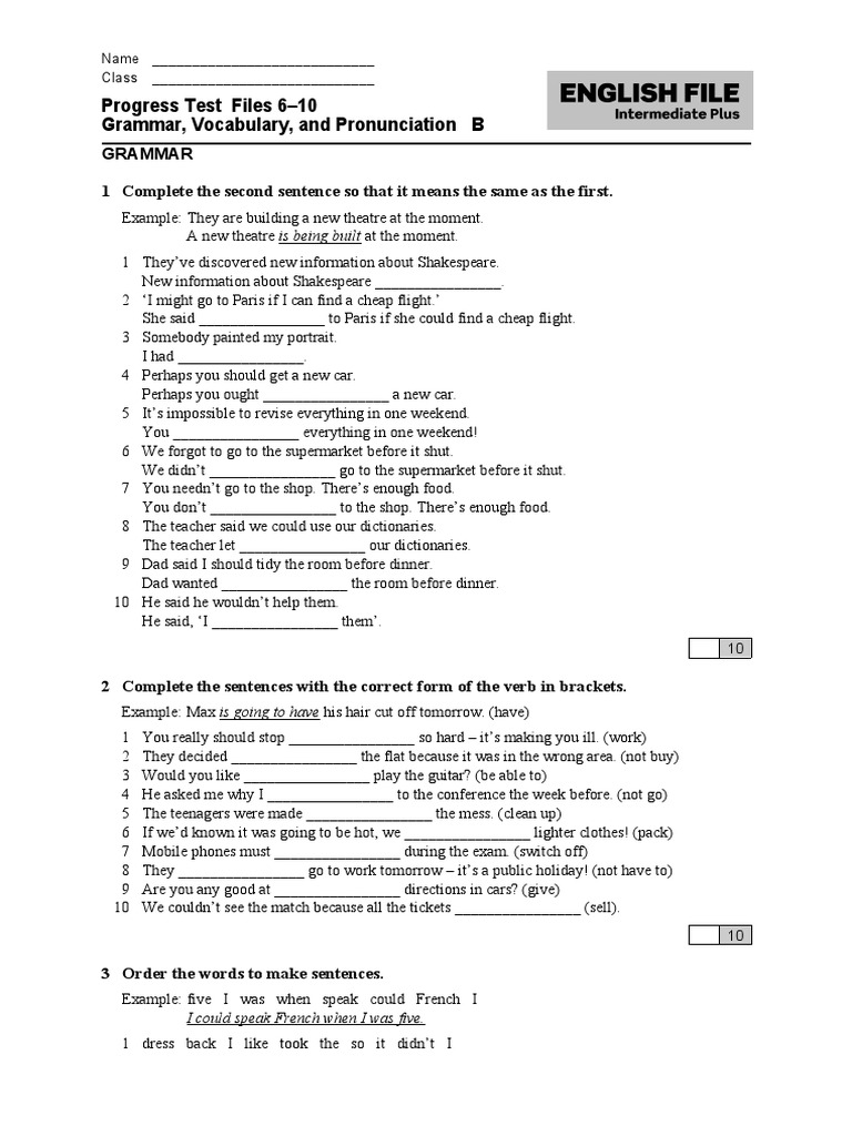 Progress Test Files 6-10 Grammar, Vocabulary, and Pronunciation B | PDF ...