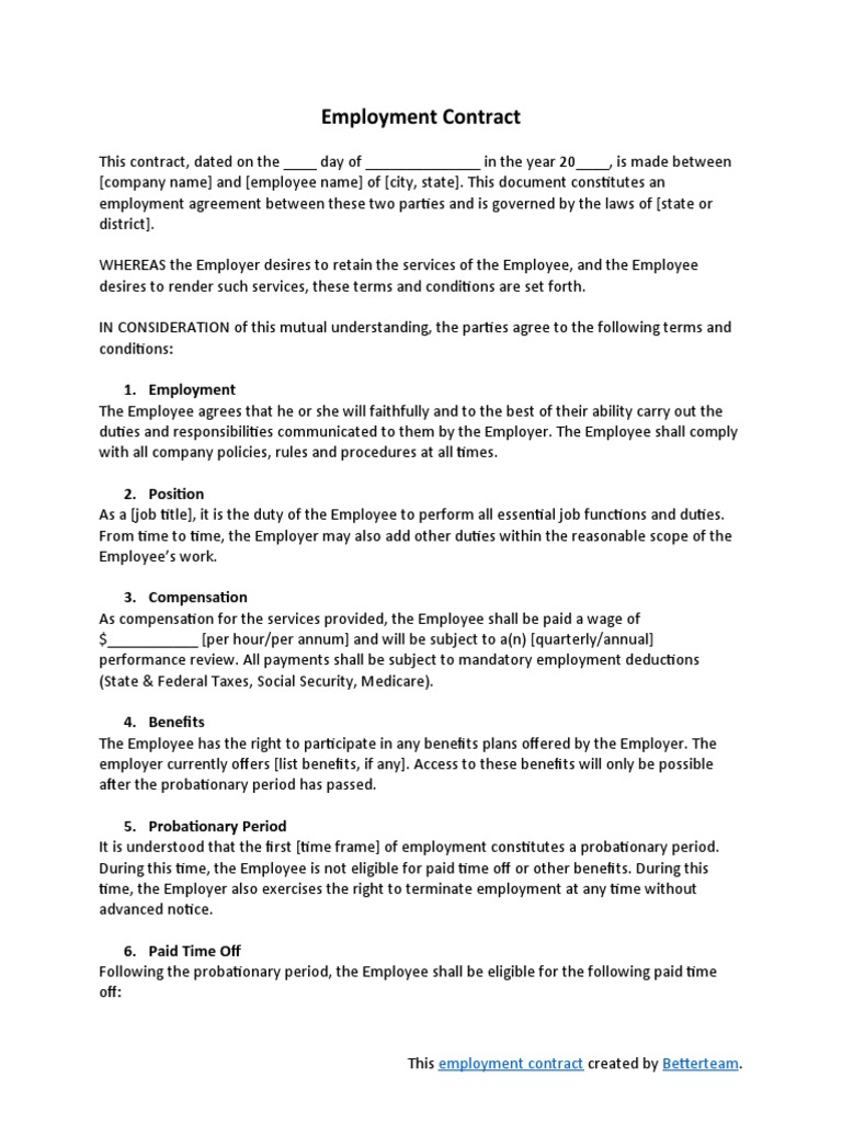 Employment Contract Template PDF | PDF | Employment | Virtue