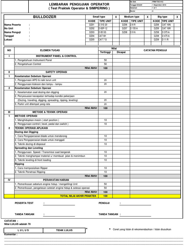 Pengujian Tes Praktek Operator Bulldozer | PDF