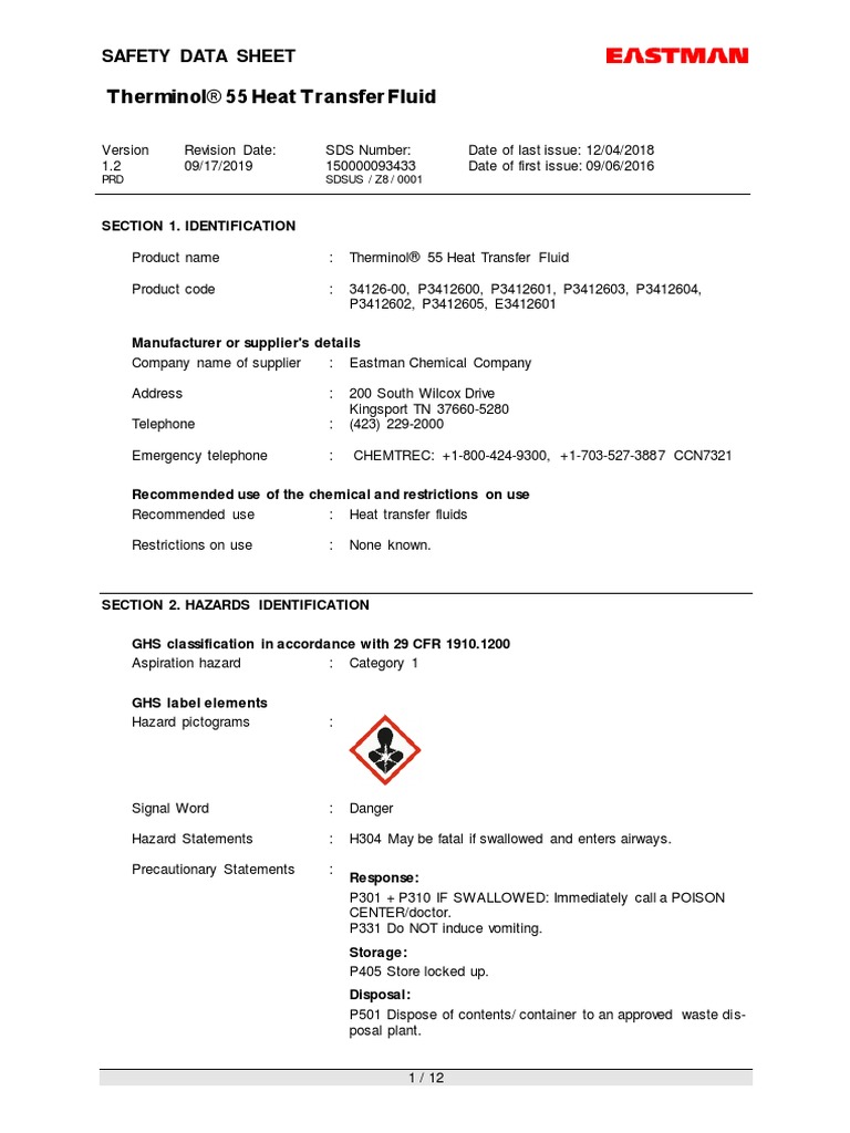 Therminol® 55 Heat Transfer Fluid: Safety Data Sheet | Download Free ...