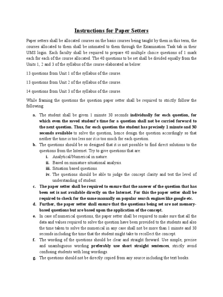 Instructions For Paper Setters Objective Type MTT Autumn Term Final ...