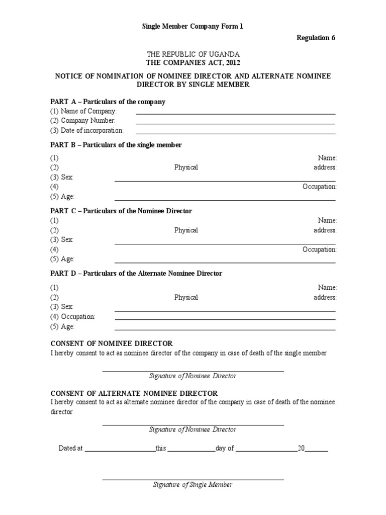 FORM 1 Nominee Director and Alternate Nominee Director SingleMember | PDF