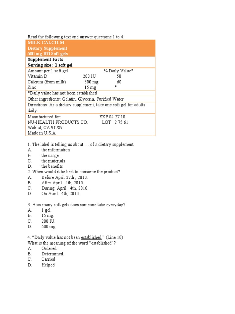 Milk Calcium Dietary Supplement 600 MG 100 Soft Gels | PDF