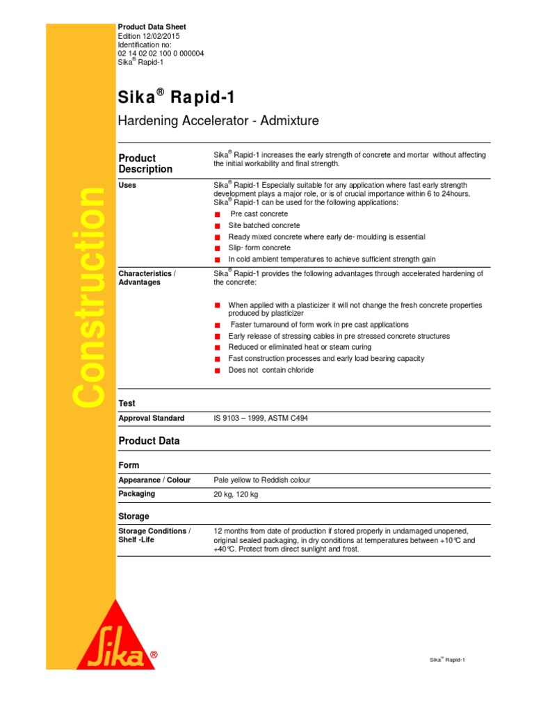 Sika Rapid-1: Hardening Accelerator - Admixture | PDF | Concrete ...