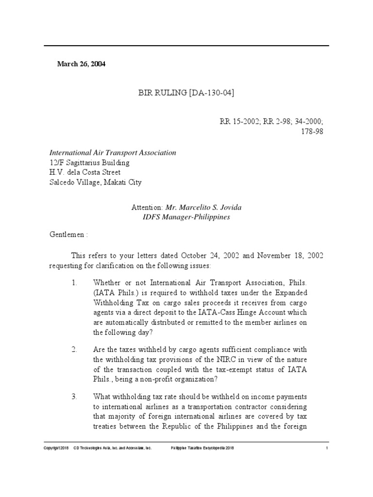 BIR Ruling DA 130-04 | PDF | Withholding Tax | Payments