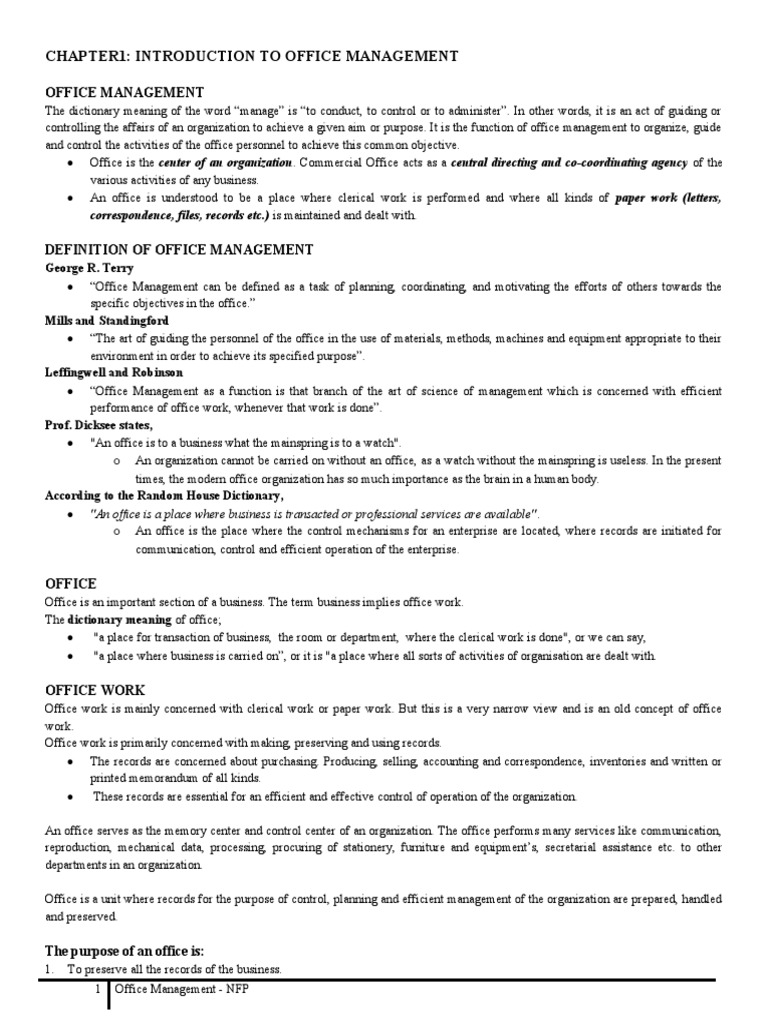 Chapter1: Introduction To Office Management | PDF | Goal | Human Resources