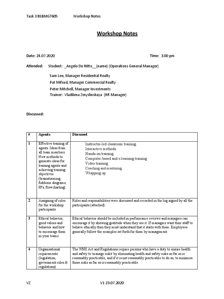 Task 3 BSBMGT605 Workshop Notes | PDF | Leadership | Behavior Modification