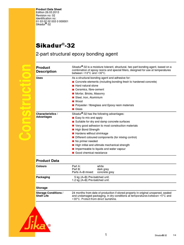 Sikadur - 32: 2-Part Structural Epoxy Bonding Agent | PDF | Epoxy ...