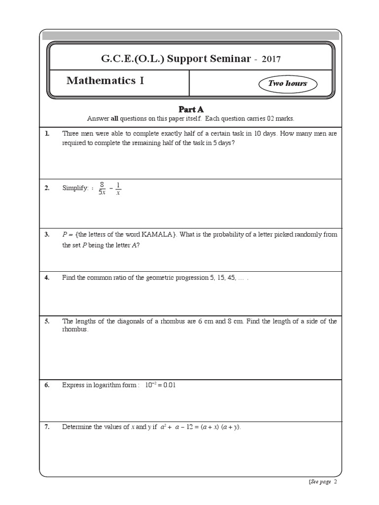 2017 O/L Maths Support Seminar Paper | PDF | Triangle | Area