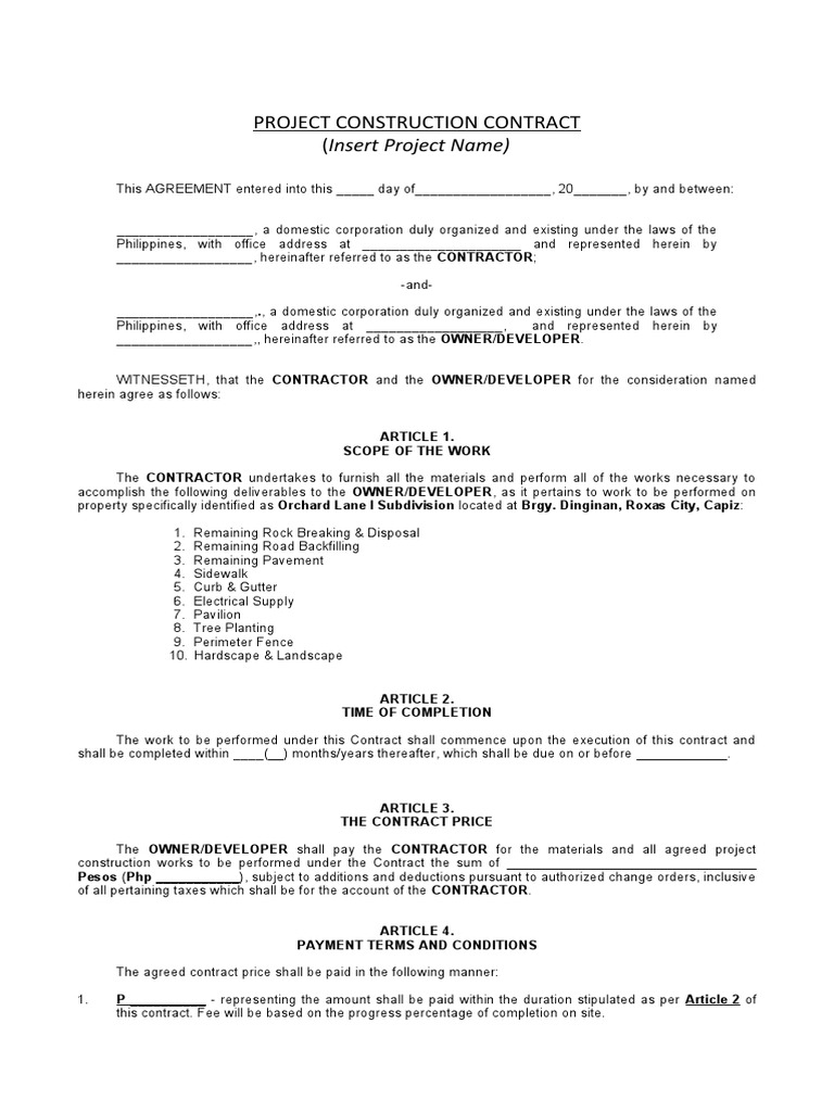 Project Construction Contract (Insert Project Name) | PDF | Liquidated ...