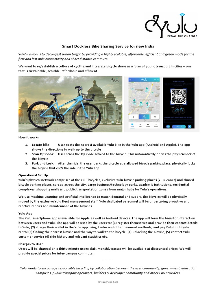 Yulu - Smart Shared Bicycles - Teaser | PDF | Parking | Mobile App