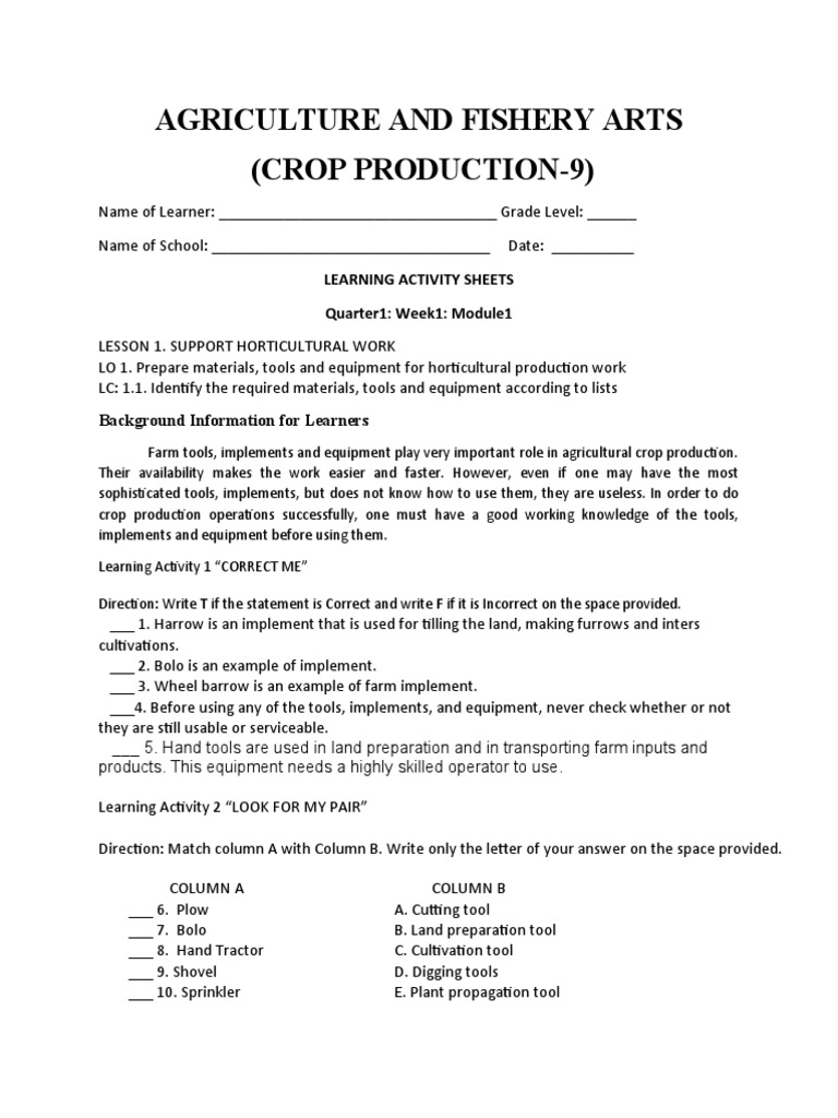 Agriculture and Fishery Arts (Crop Production-9) : Learning Activity ...