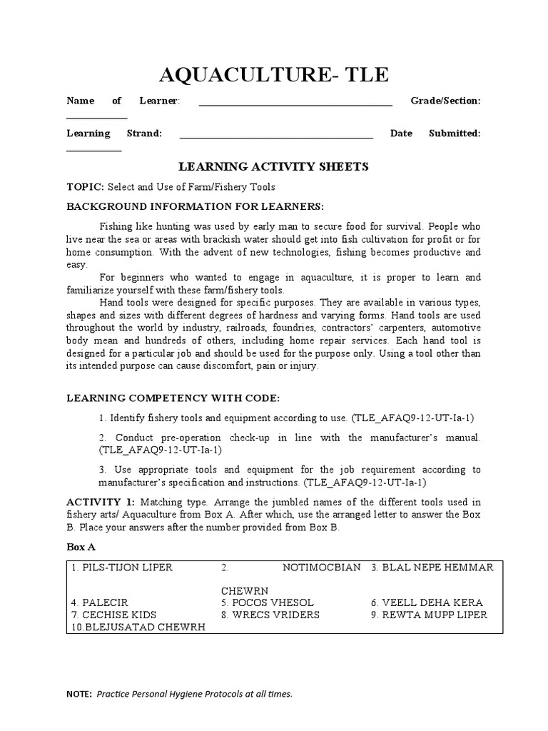 Aquaculture-Tle: Learning Activity Sheets | PDF | Litre | Foot (Unit)
