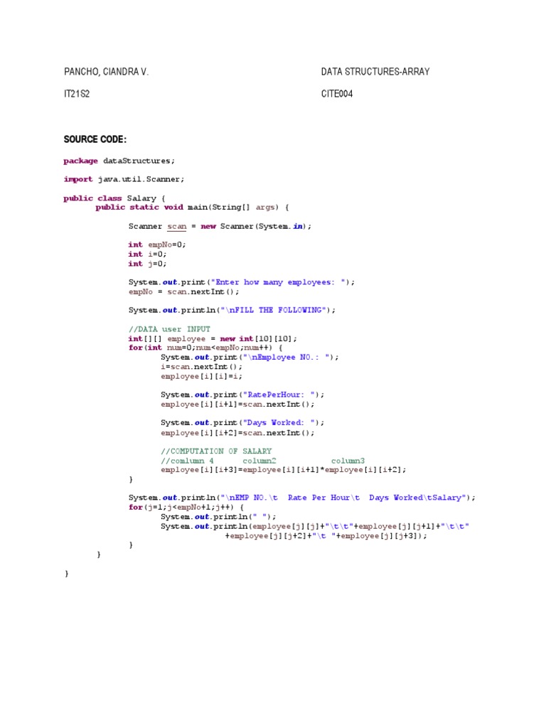 Source Code:: Pancho, Ciandra V. Data Structures-Array IT21S2 CITE004 | PDF
