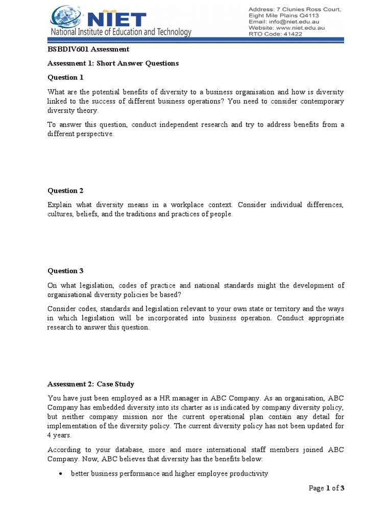 BSBDIV601 Assessment Assessment 1: Short Answer Questions | PDF ...