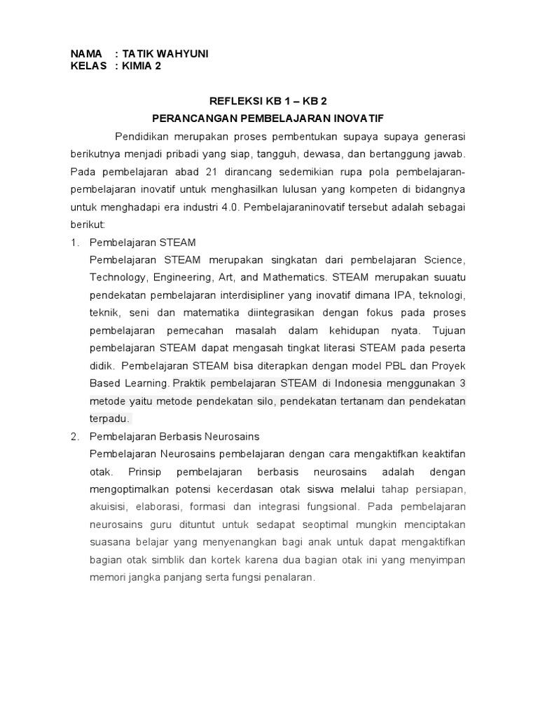 Refleksi KB 1-KB2 Modul 4 Perancangan Pembelajaran Inovatif - Tatik Wahyuni | PDF