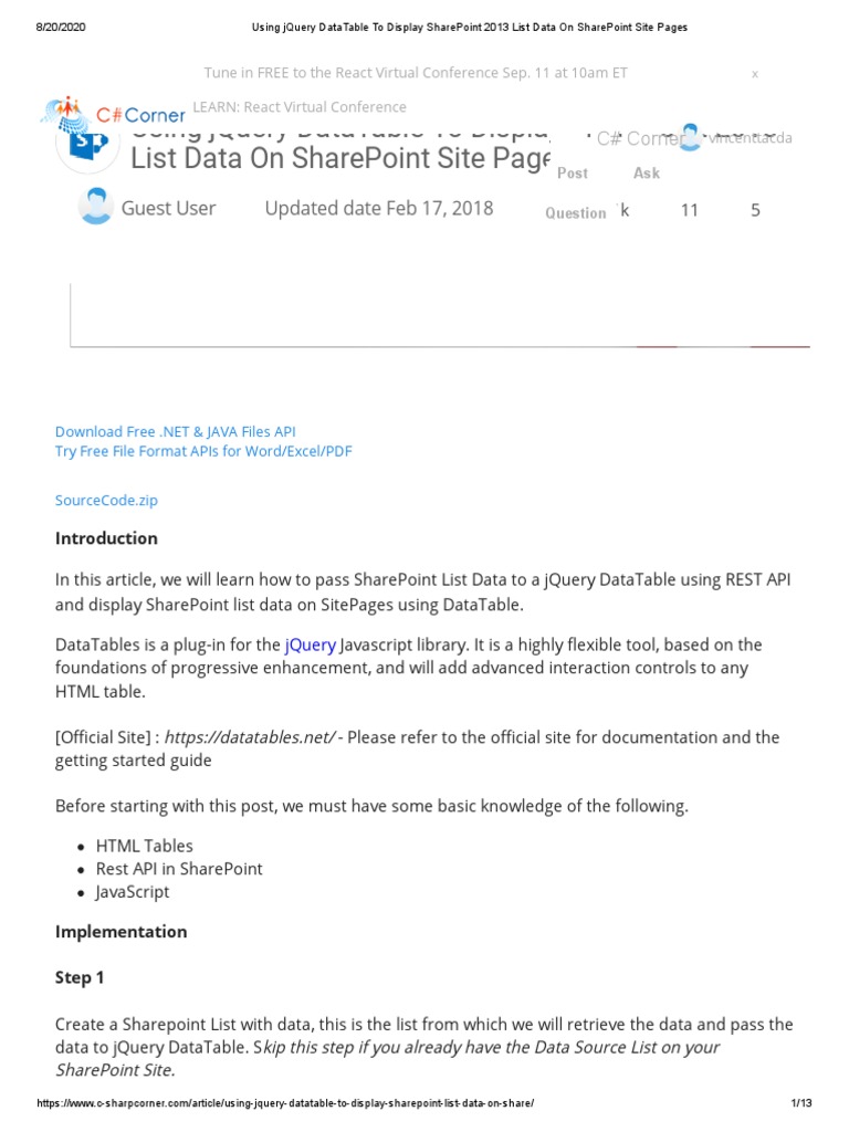 Using Jquery DataTable To Display SharePoint 2013 List Data On SharePoint Site Pages PDF | PDF ...
