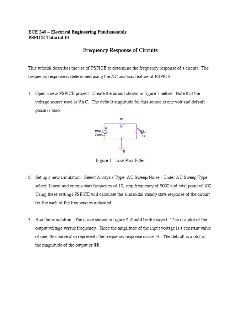 Determining the Frequency Response and Cutoff Frequency of a Low Pass Filter Using PSPICE AC ...