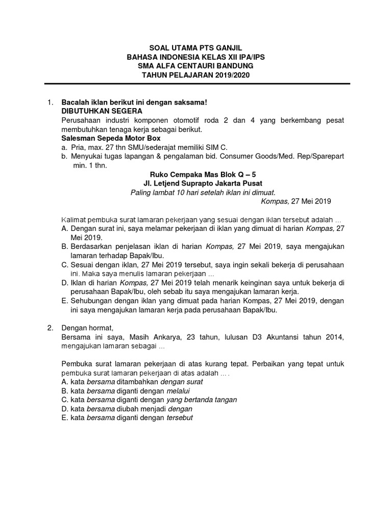 Soal Utama PTS Ganjil Indo Xii PDF | PDF