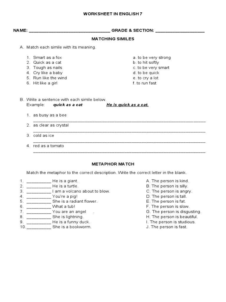 Worksheet in English 7: Quick As A Cat He Is Quick As A Cat | PDF ...