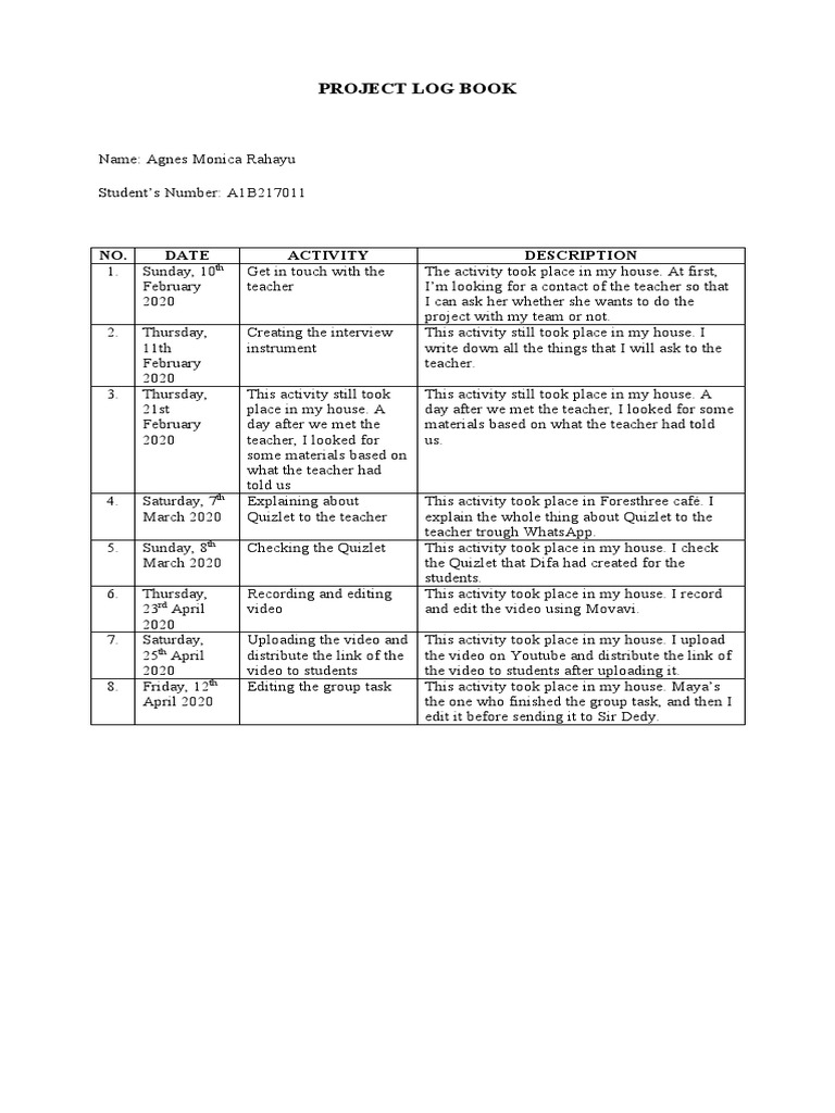 Project Log Book: NO. Date Activity Description | PDF