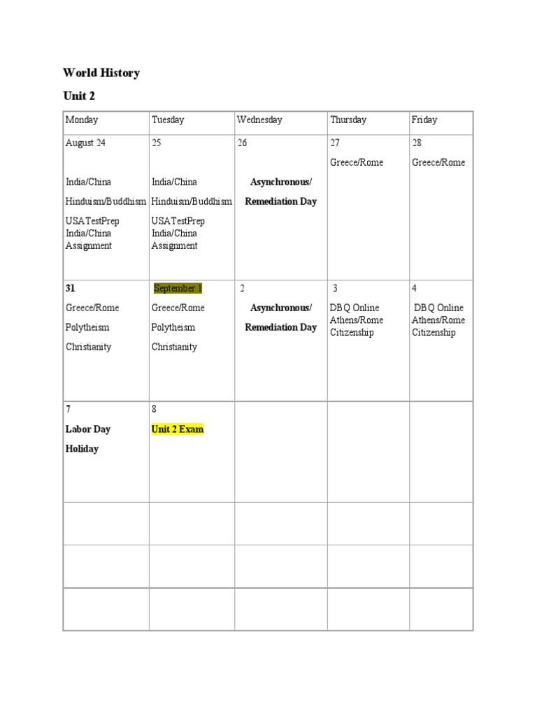 World History Unit 2 Calender | PDF