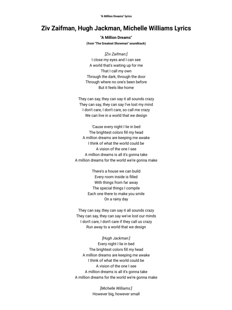 Ziv Zaifman, Hugh Jackman, Michelle Williams - A Million Dreams Lyrics ...