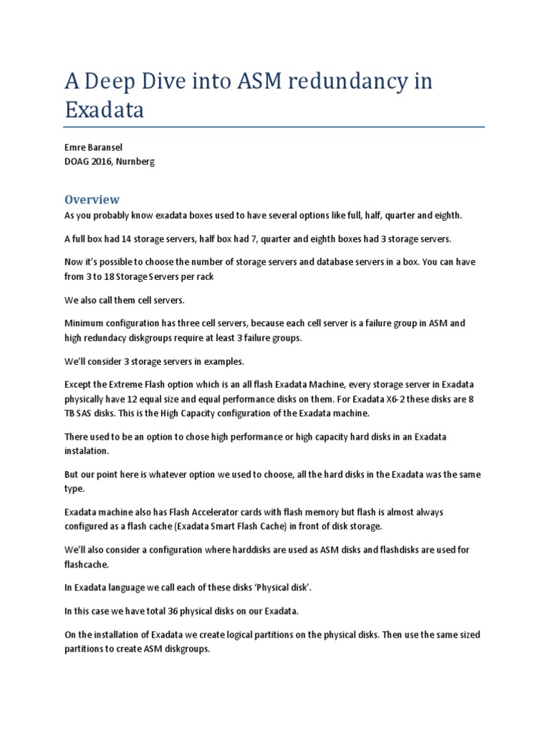 A Deep Dive Into ASM Redundancy in Exadata | PDF | Hard Disk Drive | Computer Data Storage