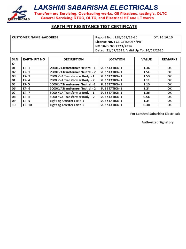 Earth Pit Resistance Test Certificate | PDF