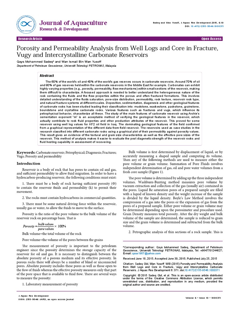 Porosity and Permeability Analysis From Well Logs and Core in ...