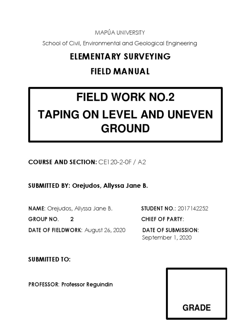 Field Work No.2 Taping On Level and Uneven Ground: Elementary Surveying ...