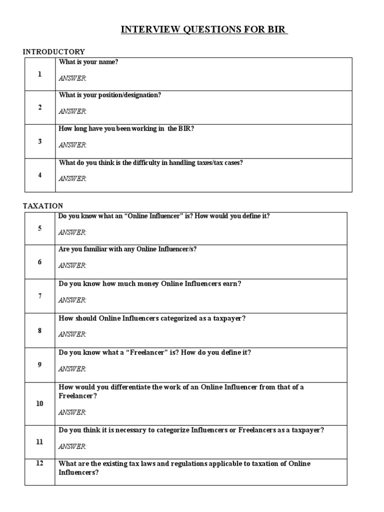 Interview Questions For Bir: Answer | PDF | Freelancer | Taxpayer
