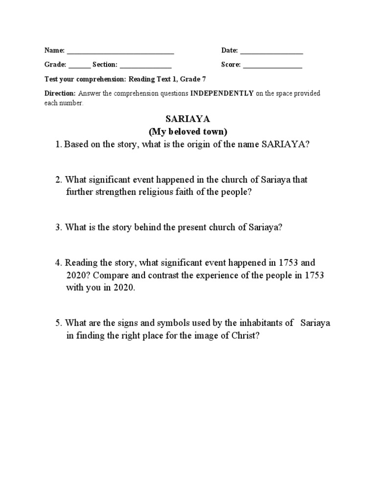 Comprehension Questions for a 7th Grade Reading Passage about the ...