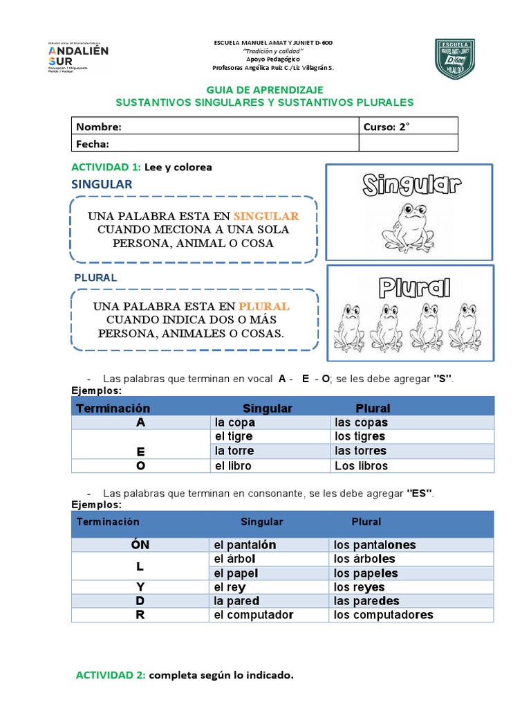 Hoja De Trabajo De Sustantivos En Plural En Formato Pdf