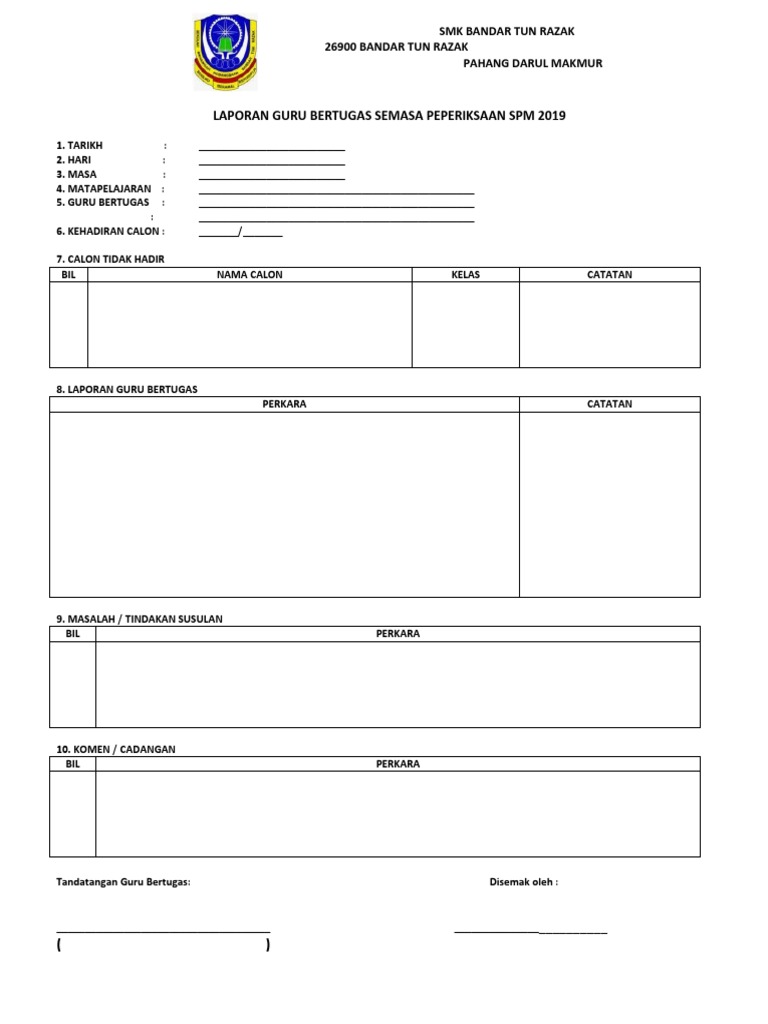 Laporan Guru Bertugas SPM 2019 | PDF