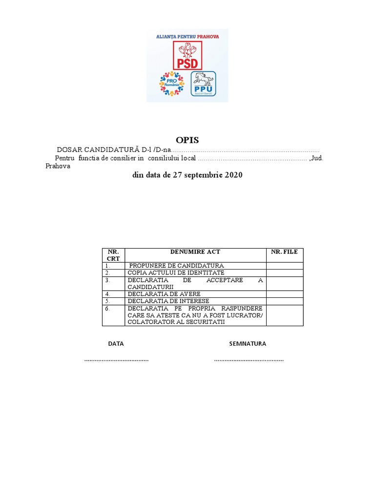 Model Opis Documente Candidatură | PDF