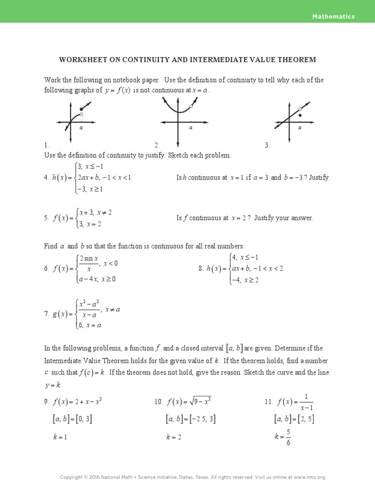 Worksheet On Continuity and The Intermediate Value Theroem | Download ...
