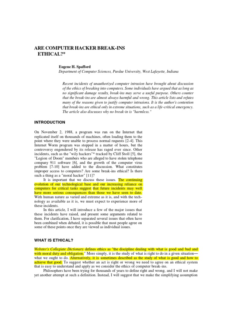 Are Computer Hacker Break-Ins Ethical? : Eugene H. Spafford | Download ...