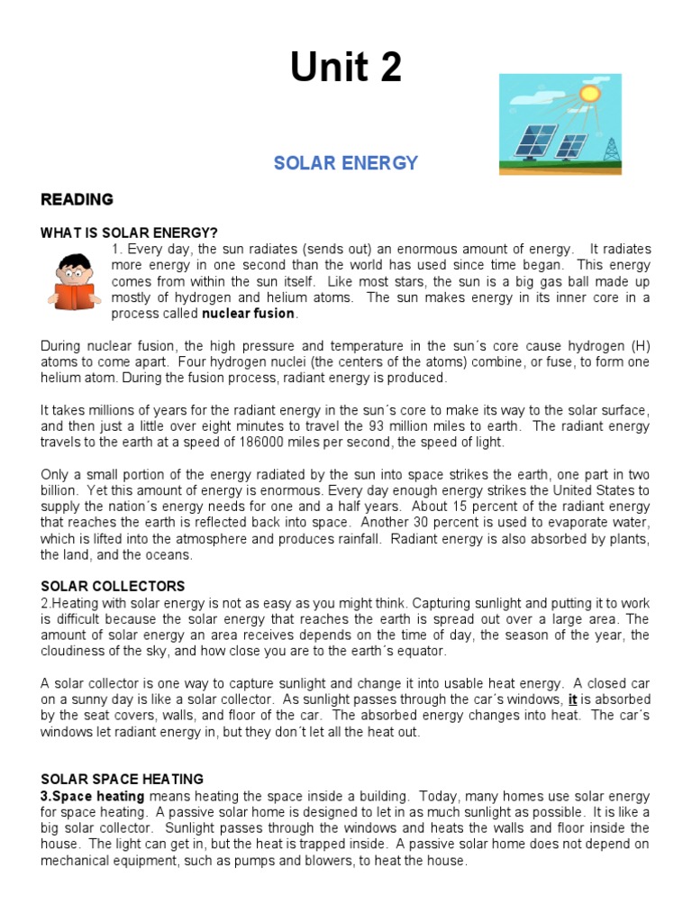 Unit 2 SOLAR POWER READING Exercises To Share | PDF | Solar Energy | Sun