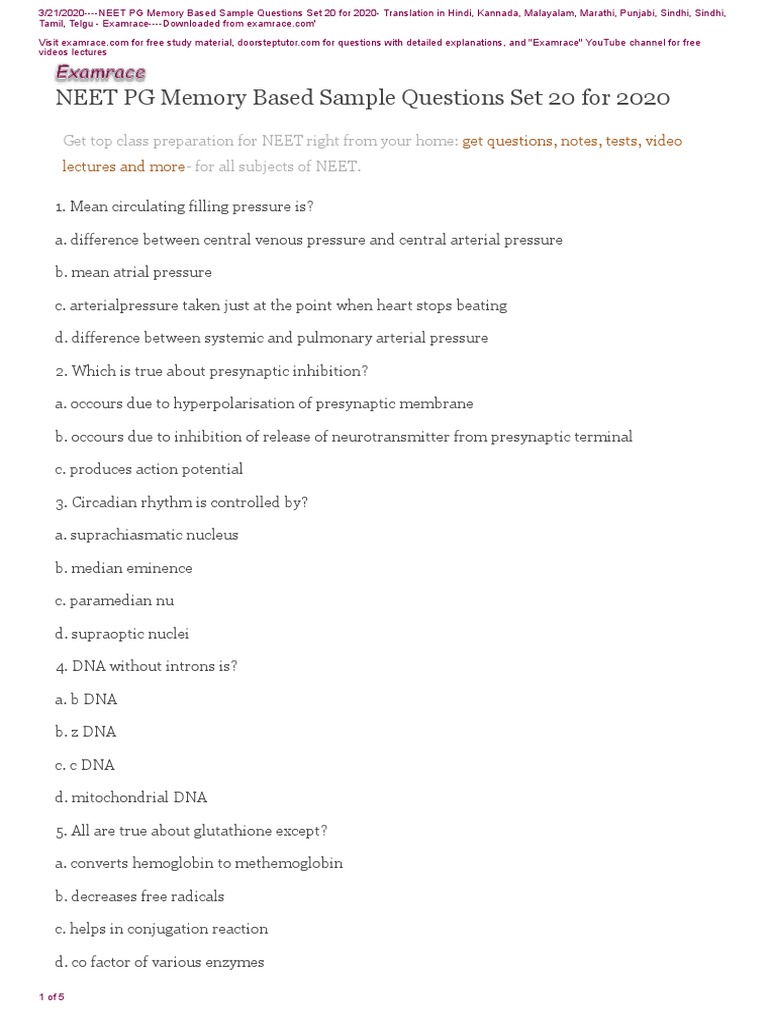 NEET PG Memory Based Sample Questions Set 20 for 2020: 25 practice ...