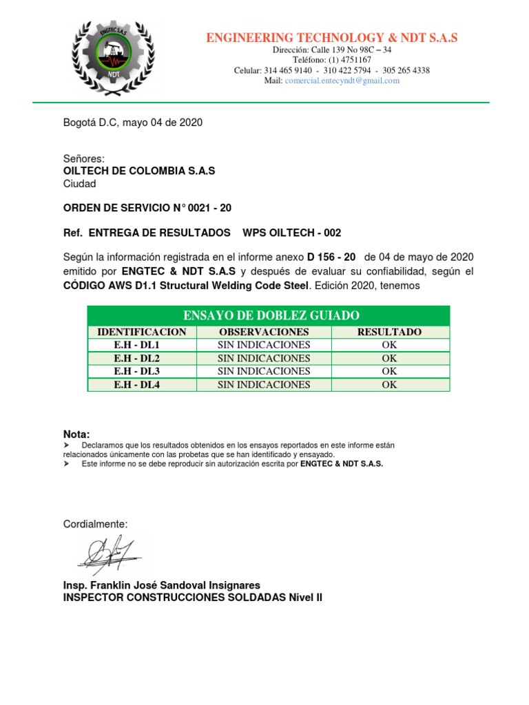 Carta Ensayos Mecanicos WPS Oiltech - 002 PDF | PDF | Naturaleza
