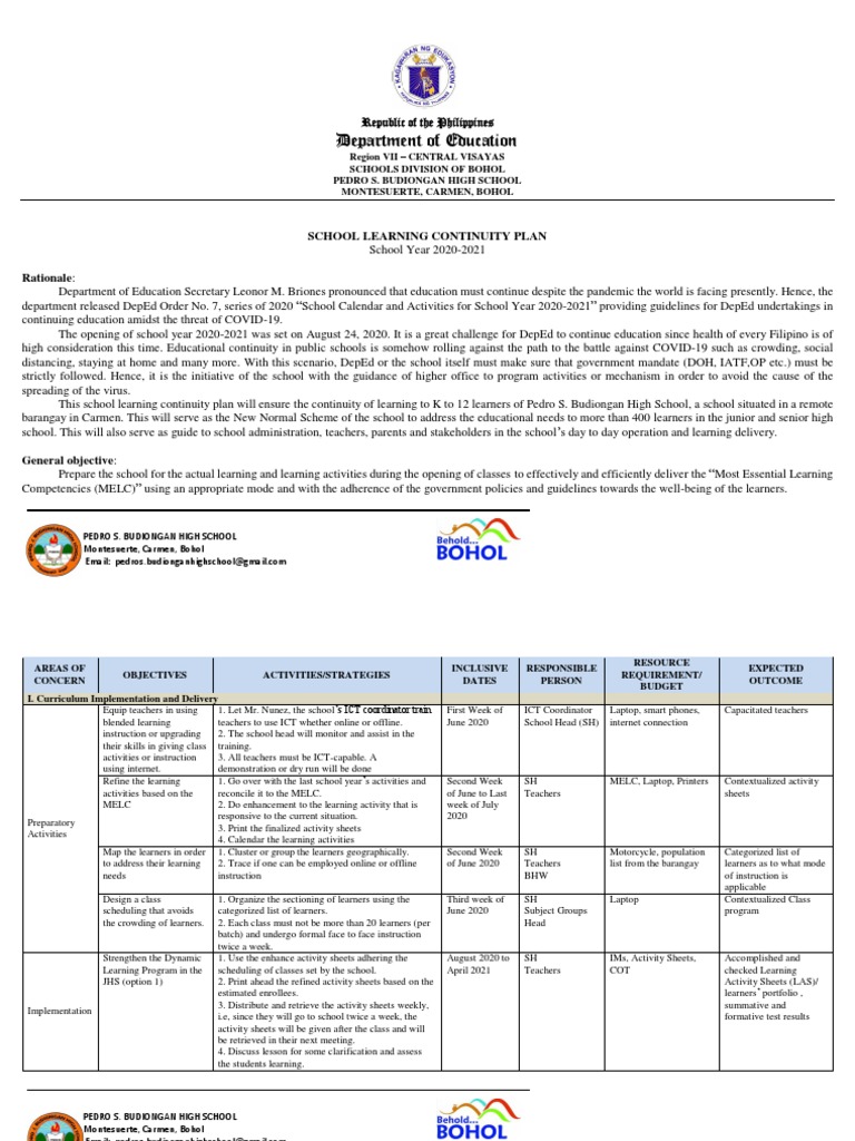 Department of Education: School Learning Continuity Plan | PDF ...