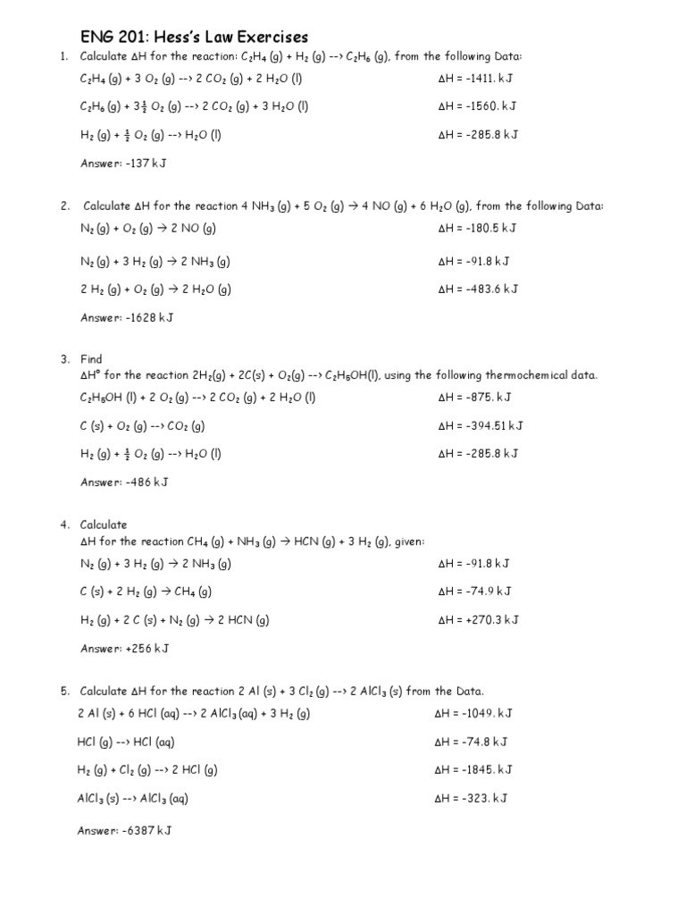 Hess's Law Examples With Answers | PDF
