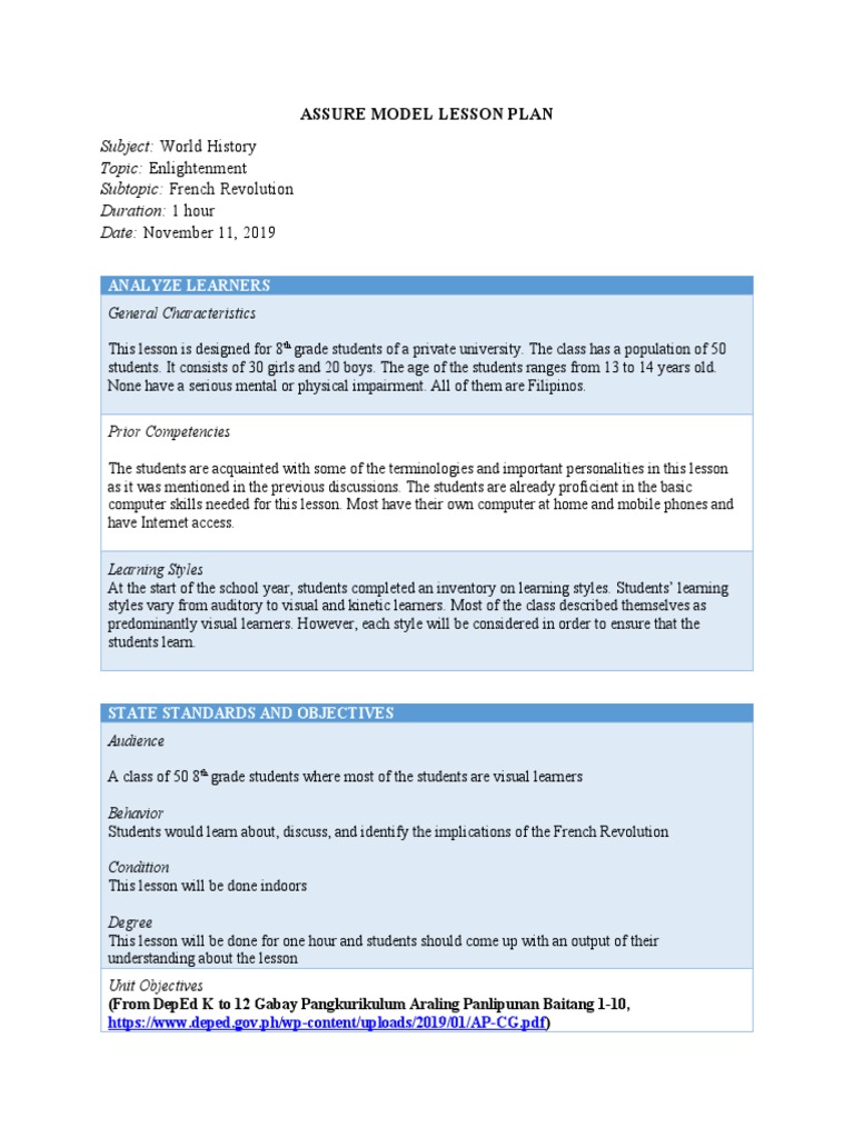 Assure Model Lesson Plan | PDF | Lecture | Learning Styles